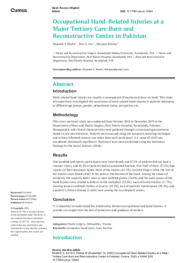 (PDF) Occupational Hand-Related Injuries at a Major Tertiary Care Burn ...