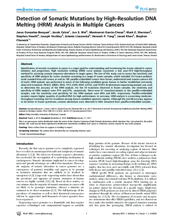 (PDF) Detection of Somatic Mutations by High-Resolution DNA Melting (HRM) Analysis in Multiple ...