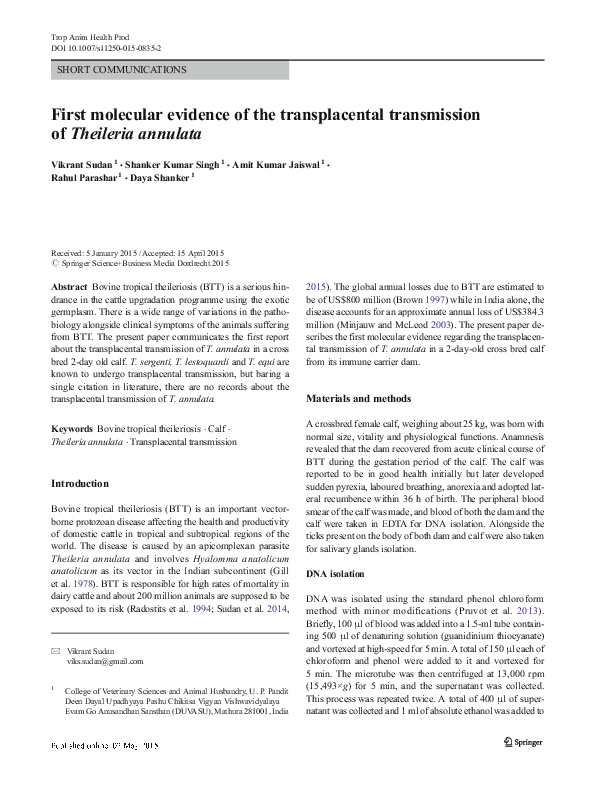 (PDF) First molecular evidence of the transplacental transmission of ...