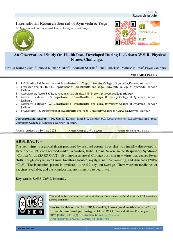 (PDF) An Observational Study OnHealth Issue Developed During Lockdown W ...