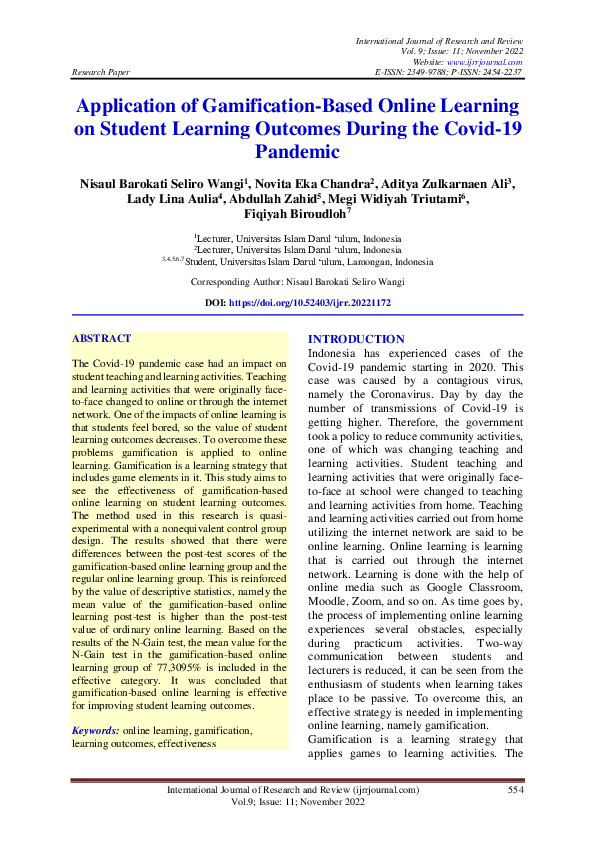 (PDF) Application of Gamification-Based Online Learning on Student Learning Outcomes During the ...