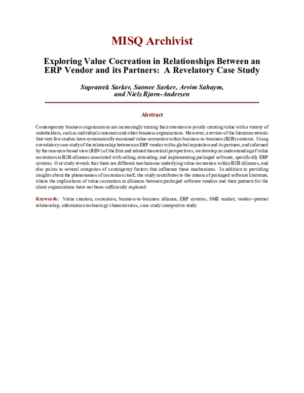 (PDF) Exploring Value Cocreation in Relationships Between an ERP Vendor ...