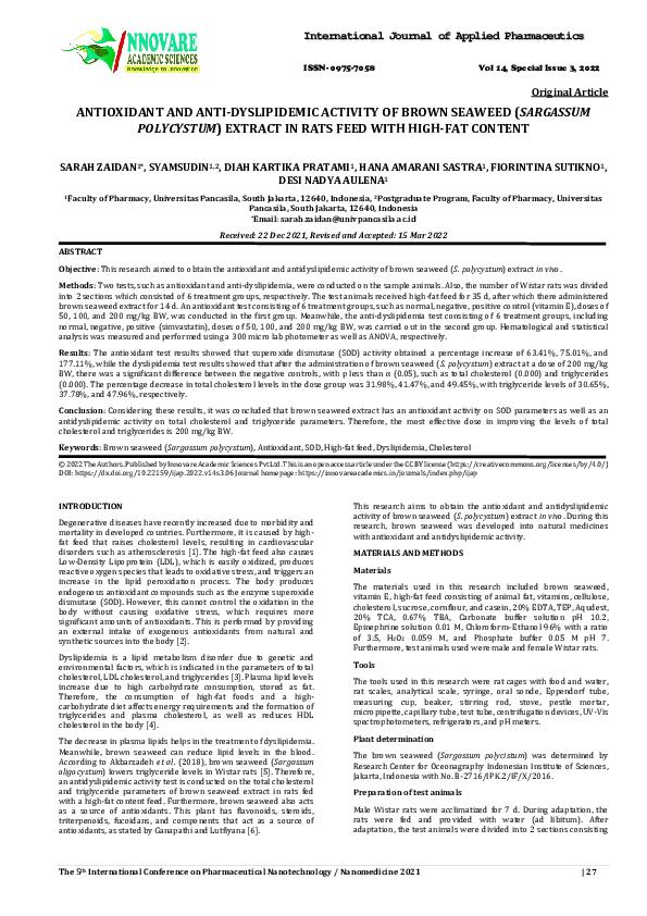 (PDF) ANTIOXIDANT AND ANTI-DYSLIPIDEMIC ACTIVITY OF BROWN SEAWEED (SARGASSUM POLYCYSTUM) EXTRACT ...