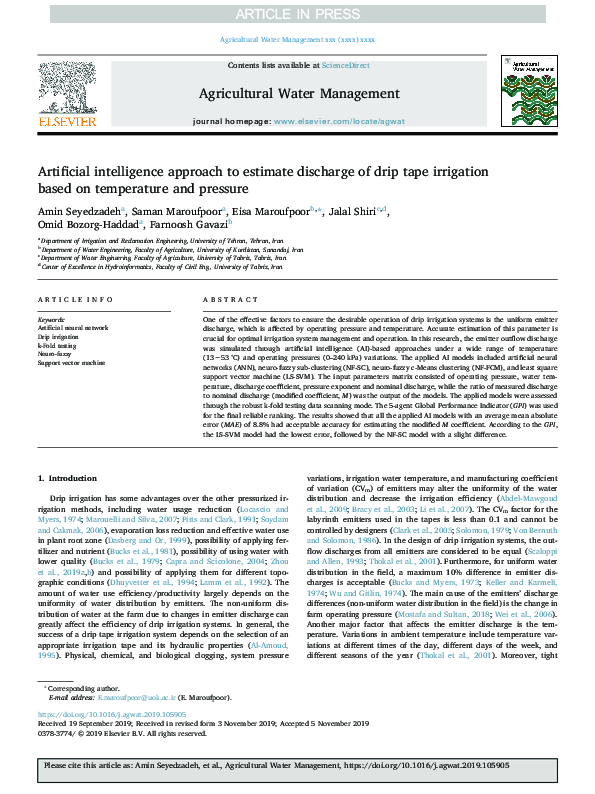 (PDF) Artificial intelligence approach to estimate discharge of drip tape irrigation based on ...