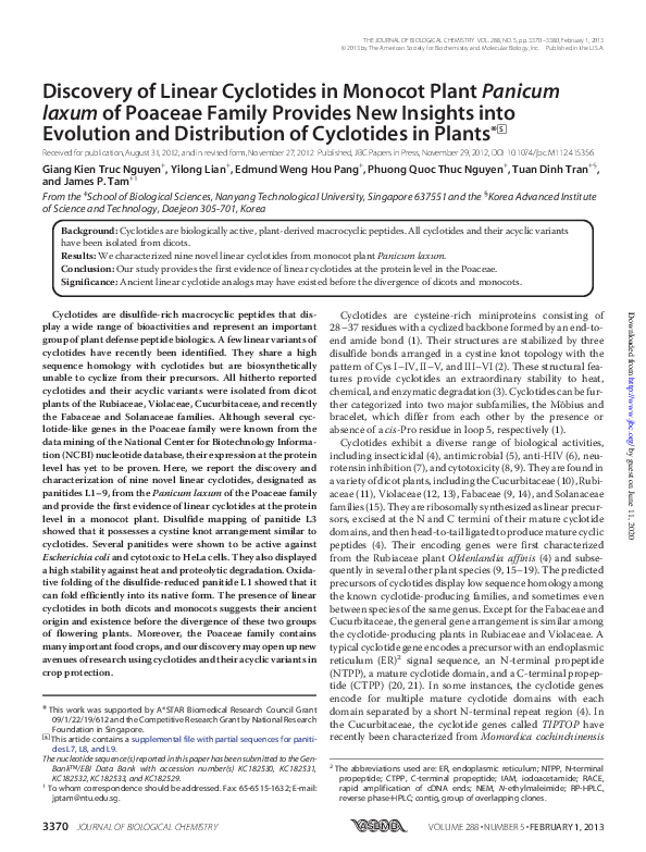 (PDF) Discovery of Linear Cyclotides in Monocot Plant Panicum laxum of ...