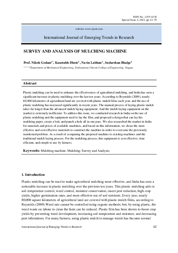 (PDF) SURVEY AND ANALYSIS OF MULCHING MACHINE