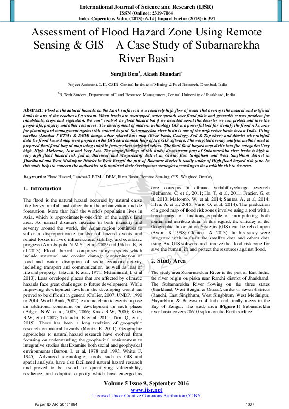 (PDF) Assessment of Flood Hazard Zone Using Remote Sensing & GIS – A Case Study of Subarnarekha ...