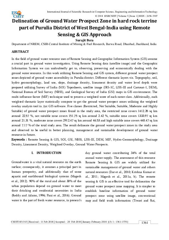 Pdf Delineation Of Ground Water Prospect Zone In Hard Rock Terrine Part Of Purulia District Of 