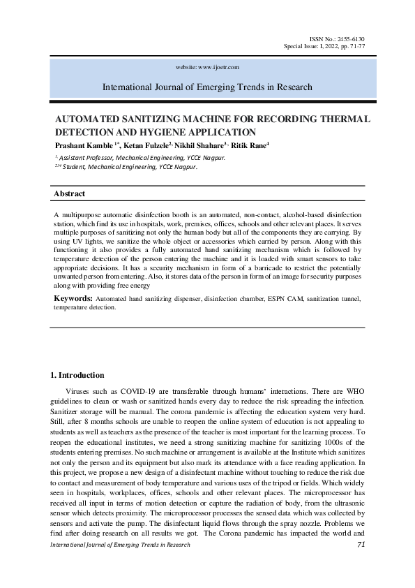 (PDF) AUTOMATED SANITIZING MACHINE FOR RECORDING THERMAL DETECTION AND ...
