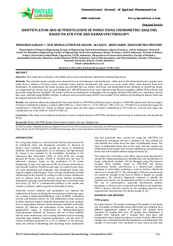 (PDF) IDENTIFICATION AND AUTHENTICATION OF HONEY USING CHEMOMETRIC ANALYSIS BASED ON ATR-FTIR ...