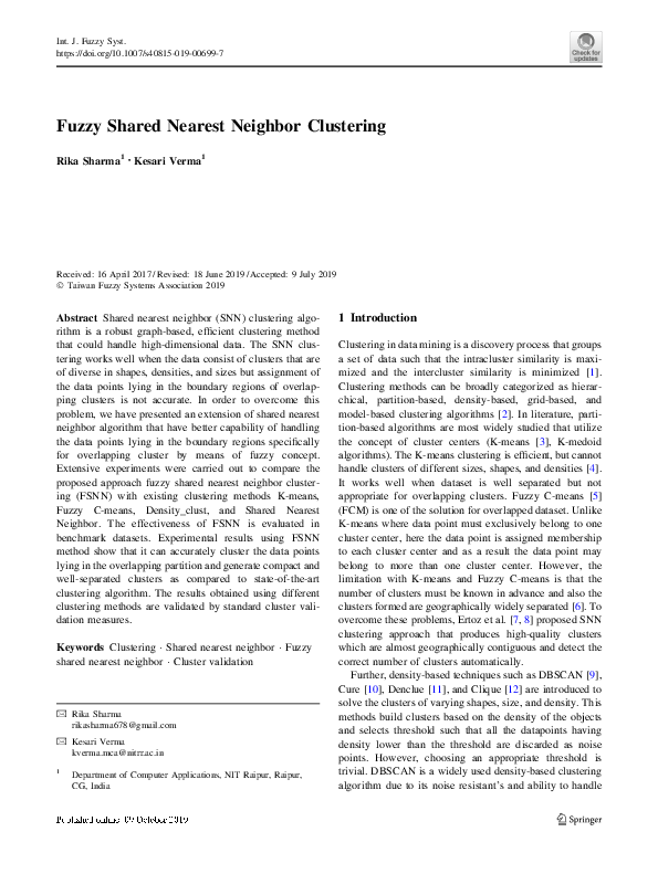 (PDF) Fuzzy Shared Nearest Neighbor Clustering (PDF) Fuzzy Shared Nearest Neighbor Clustering