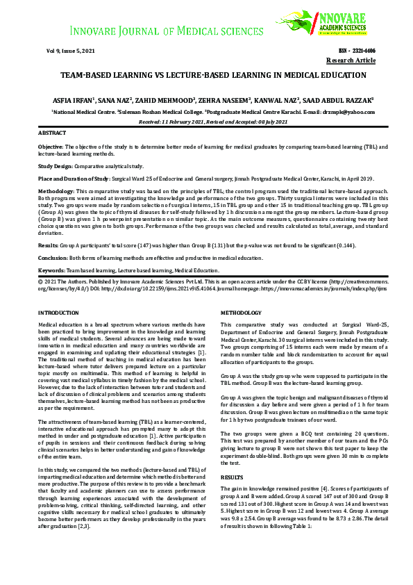 (PDF) TEAM-BASED LEARNING VS LECTURE-BASED LEARNING IN MEDICAL EDUCATION
