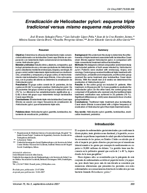 (PDF) Erradicación de Helicobacter pylori: esquema triple tradicional ...