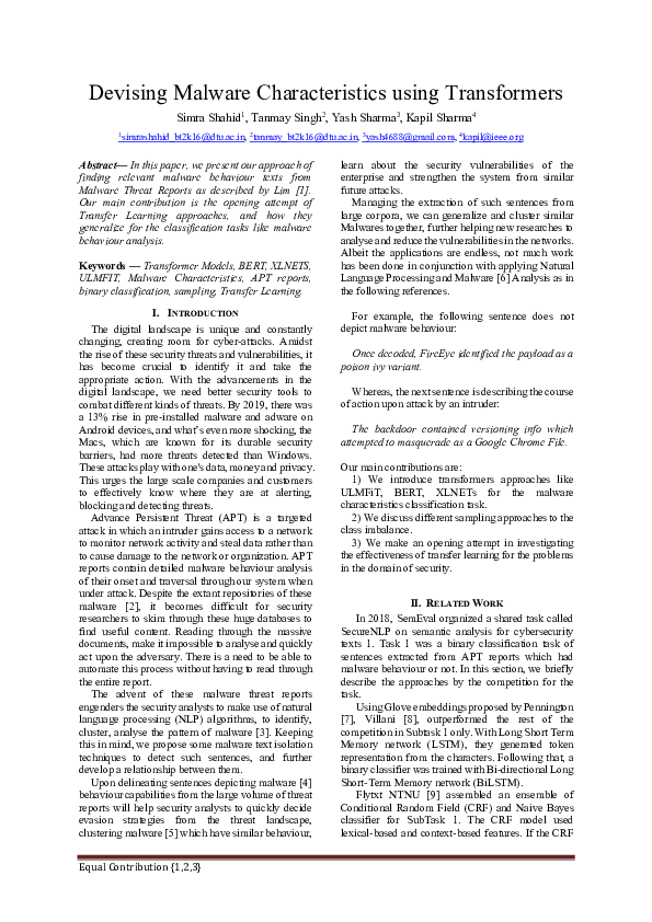(PDF) Devising Malware Characterstics using Transformers