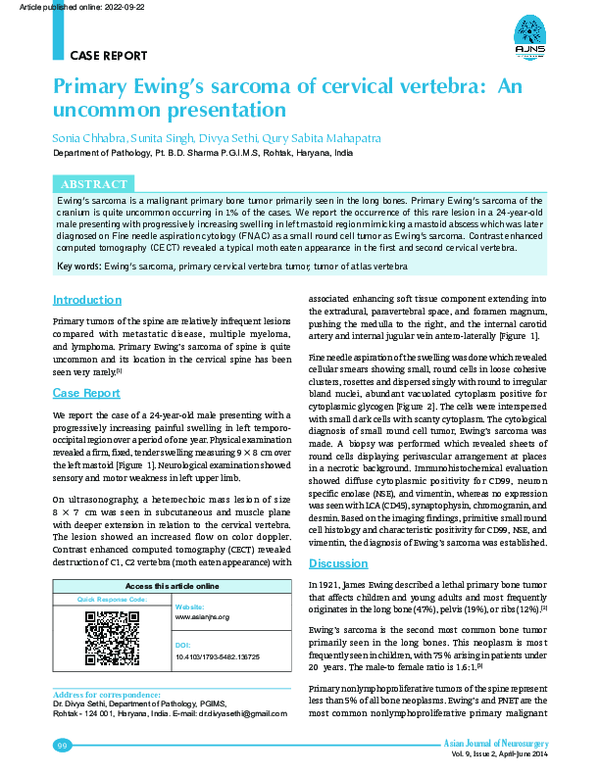 (PDF) Primary Ewing's sarcoma of cervical vertebra: An uncommon ...