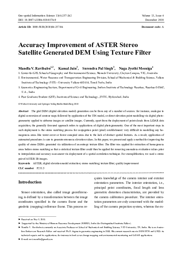 (PDF) Accuracy improvement of ASTER stereo satellite generated DEM using texture filter