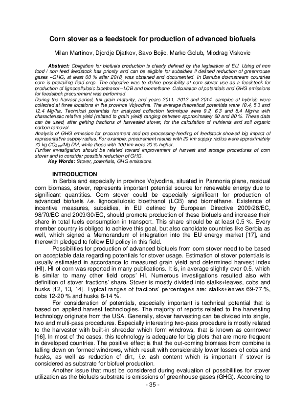 (PDF) Corn stover as a feedstock for production of advanced biofuels