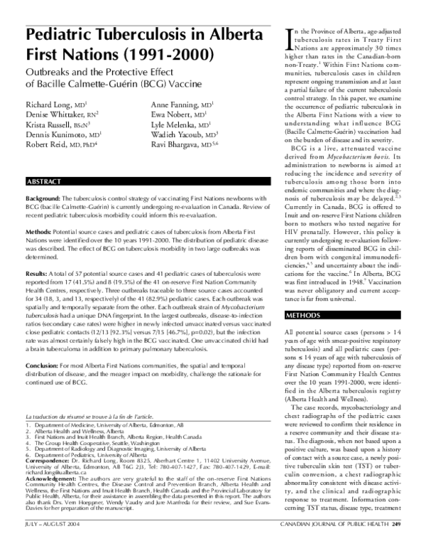 (PDF) Pediatric Tuberculosis in Alberta First Nations (1991–2000)