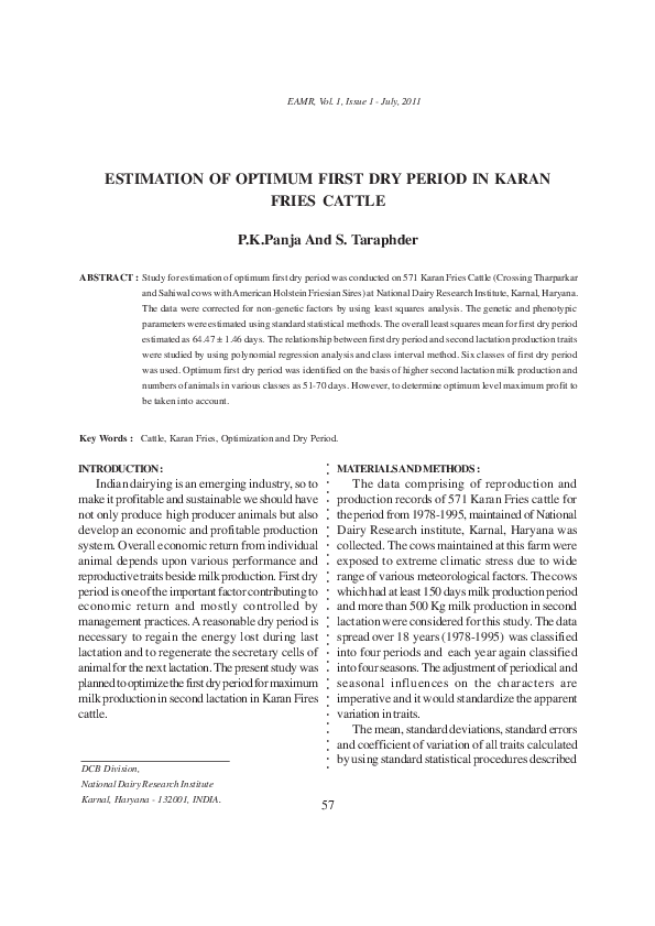 (PDF) Estimation of Optimum First Dry Period in Karan Fries Cattle
