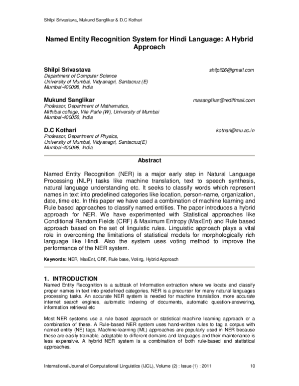 Named Entity Recognition System For Hindi Language A Hybrid Approach