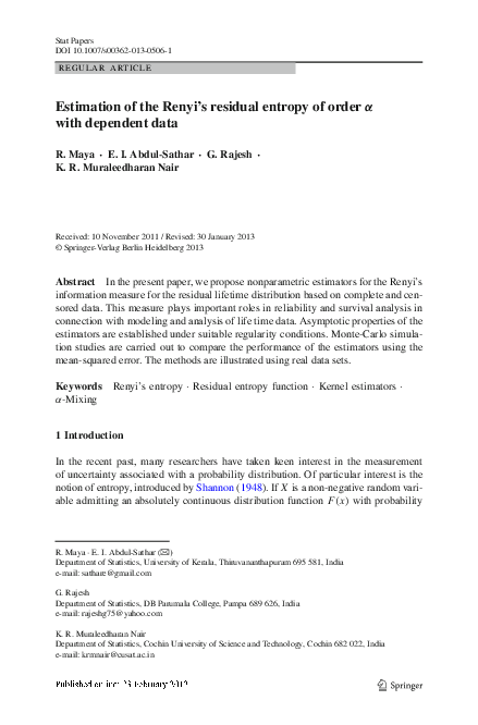 Estimation of the Renyi’s residual entropy of order $$\alpha $$ with dependent data