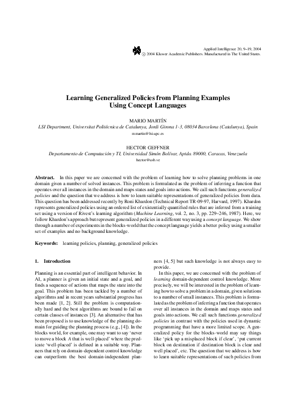 (PDF) Learning Generalized Policies from Planning Examples Using Concept Languages