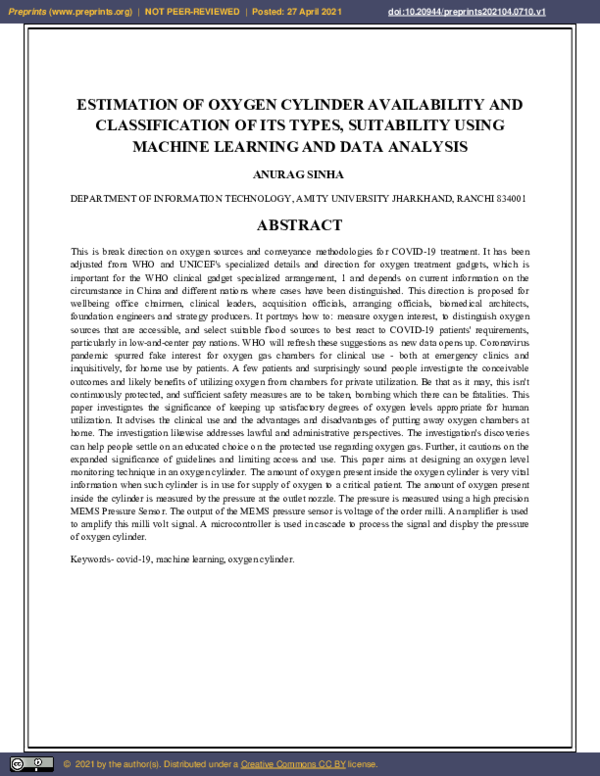 (PDF) Estimation of Oxygen Cylinder Availability and Classification of ...
