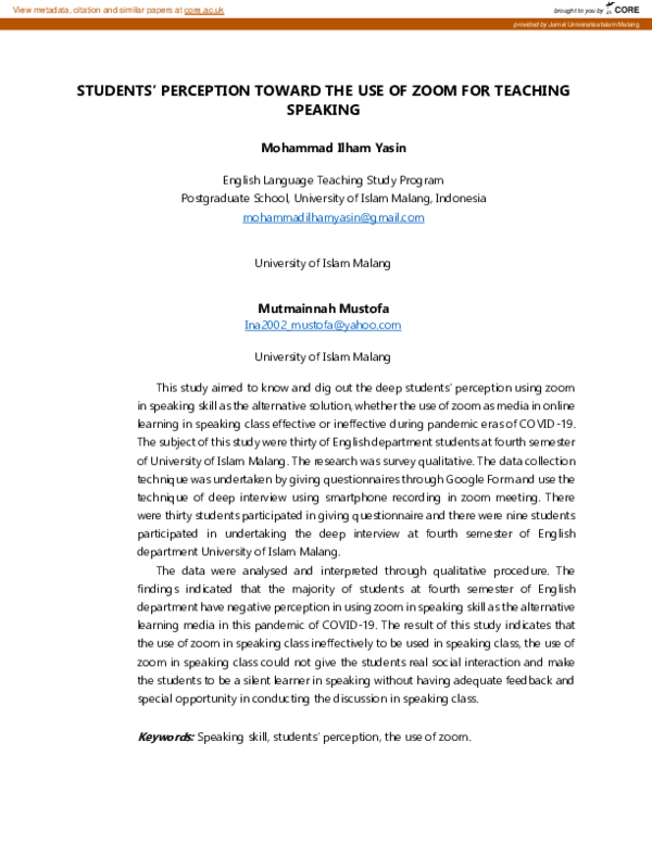 (PDF) Students' Perception Toward the Use of Zoom for Teaching Speaking