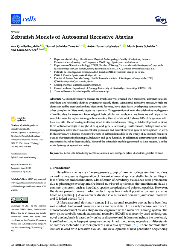 (PDF) Zebrafish Models of Autosomal Recessive Ataxias