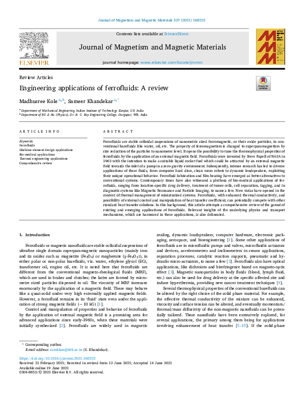 (PDF) Engineering applications of ferrofluids: A review