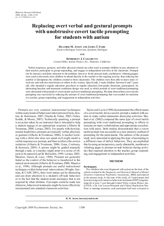 (PDF) Replacing overt verbal and gestural prompts with unobtrusive ...