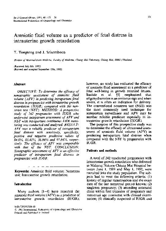 (PDF) Amniotic fluid volume as a predictor of fetal distress in intrauterine growth retardation