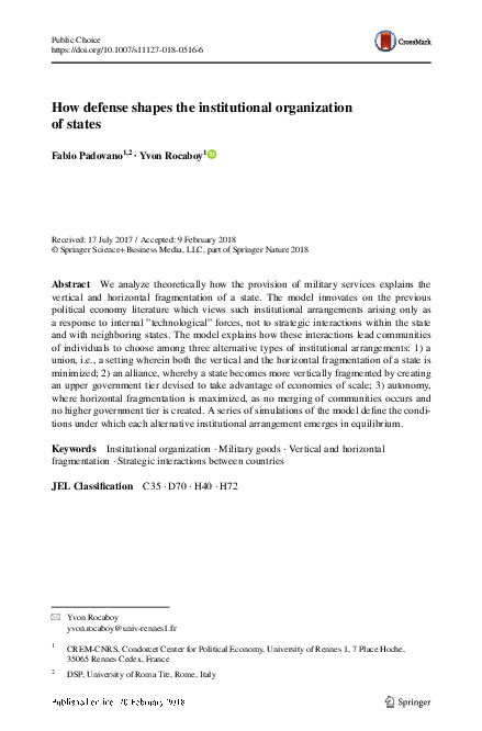 (PDF) How defense shapes the institutional organization of states