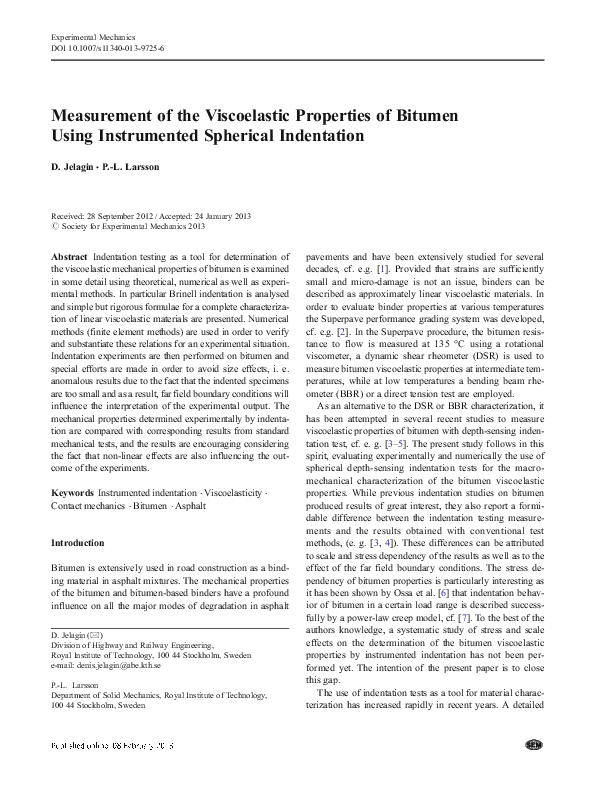(PDF) Measurement of the Viscoelastic Properties of Bitumen Using Instrumented Spherical ...