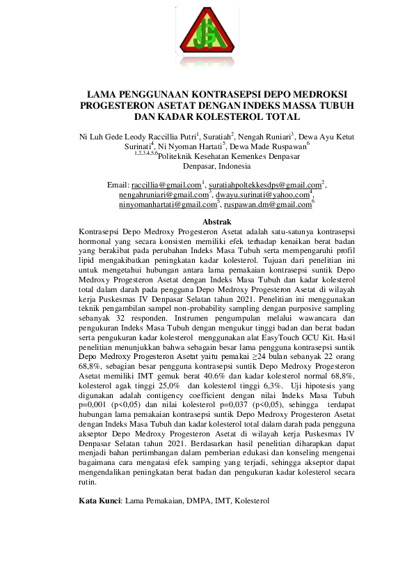 (PDF) Lama Penggunaan Kontrasepsi Depo Medroksi Progesteron Asetat dengan Indeks Massa Tubuh dan ...
