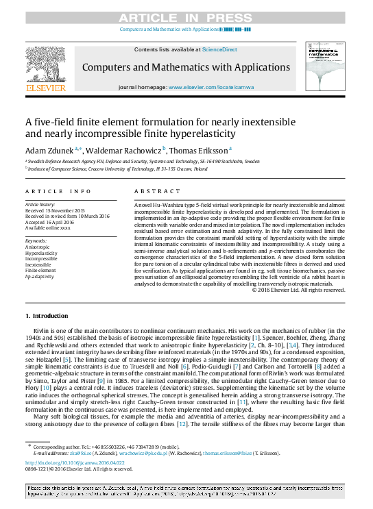 (PDF) A five-field finite element formulation for nearly inextensible and nearly incompressible ...