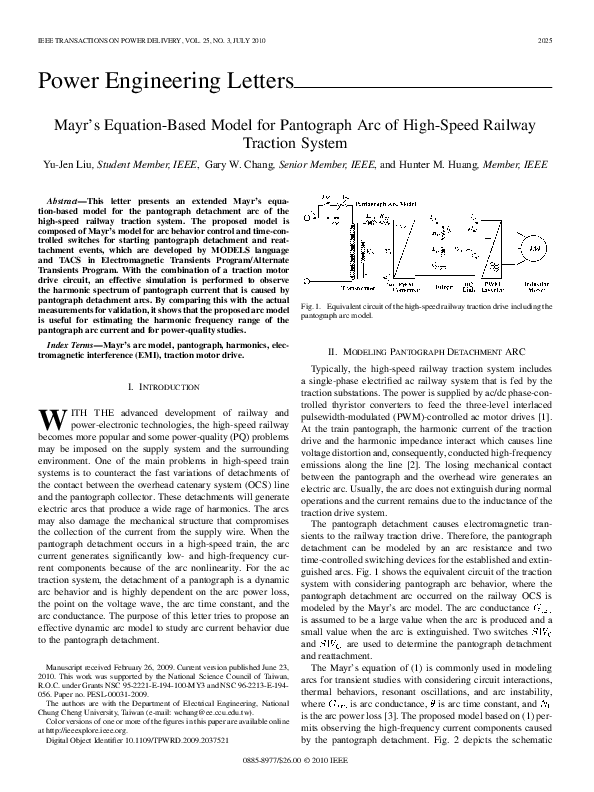 (PDF) Mayr's Equation-Based Model for Pantograph Arc of High-Speed Railway Traction System