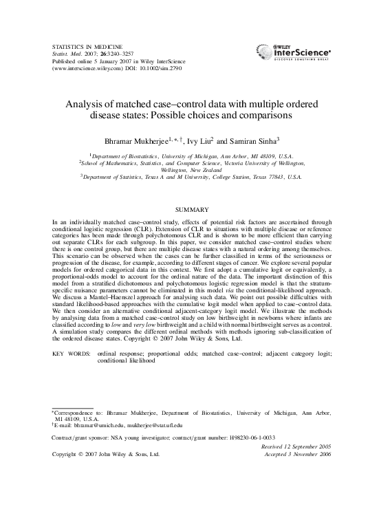(PDF) Analysis of matched case–control data with multiple ordered ...