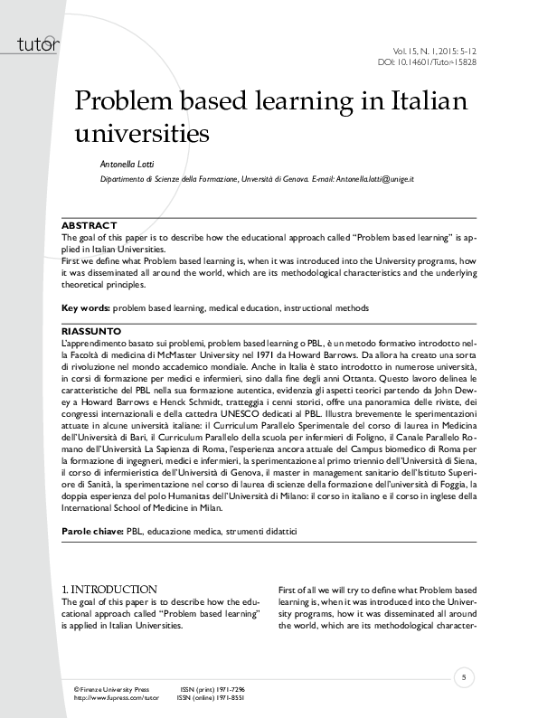 (PDF) Problem based learning in Italian universities | Antonella Lotti - Academia.edu