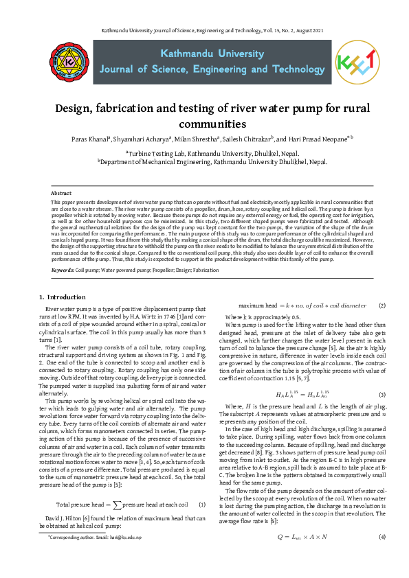 (PDF) Design, fabrication and testing of river water pump for rural ...