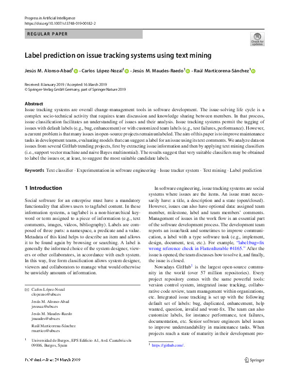 (PDF) Label prediction on issue tracking systems using text mining