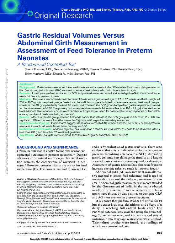 (PDF) Gastric Residual Volumes Versus Abdominal Girth Measurement in ...