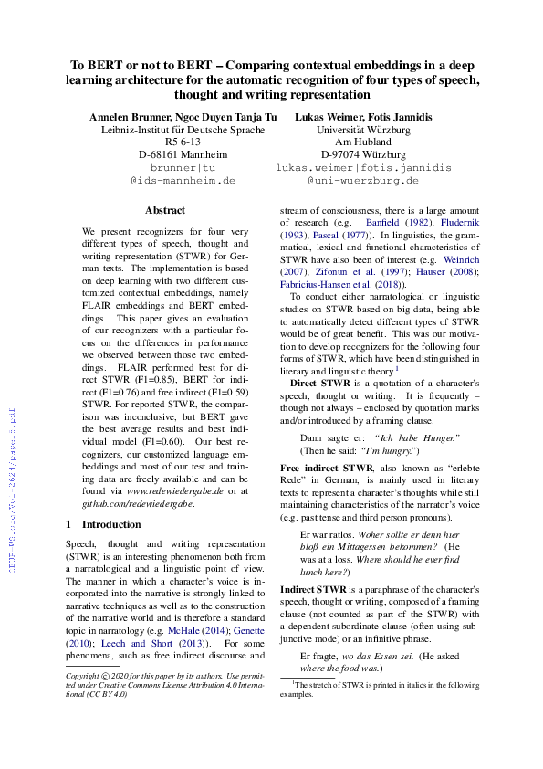 Pdf To Bert Or Not To Bert Comparing Contextual Embeddings In A Deep Learning Architecture