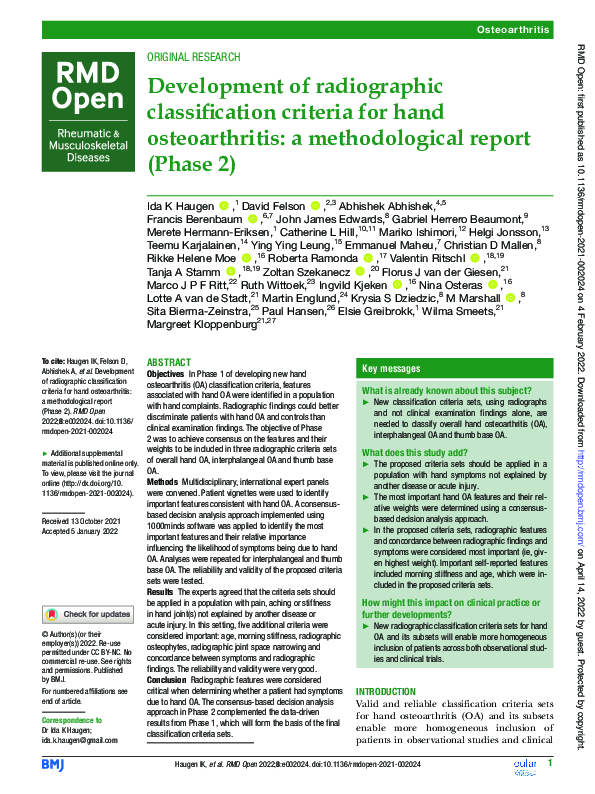 (PDF) Development of radiographic classification criteria for hand ...