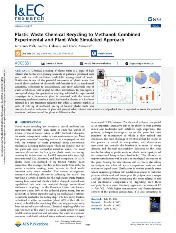 (PDF) Plastic Waste Chemical Recycling to Methanol: Combined ...