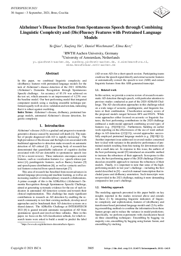 (PDF) Alzheimer’s Disease Detection from Spontaneous Speech Through Combining Linguistic ...