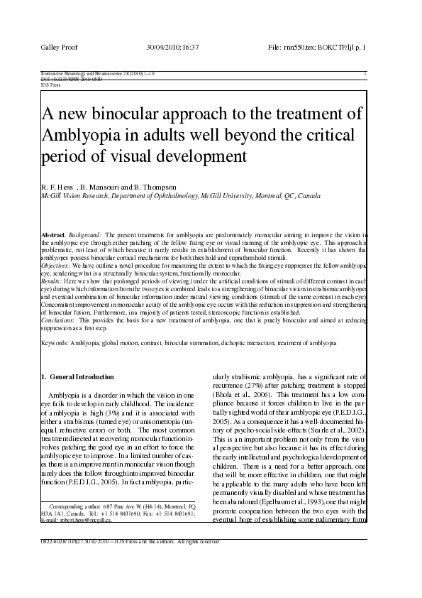 (PDF) A new binocular approach to the treatment of amblyopia in adults well beyond the critical ...
