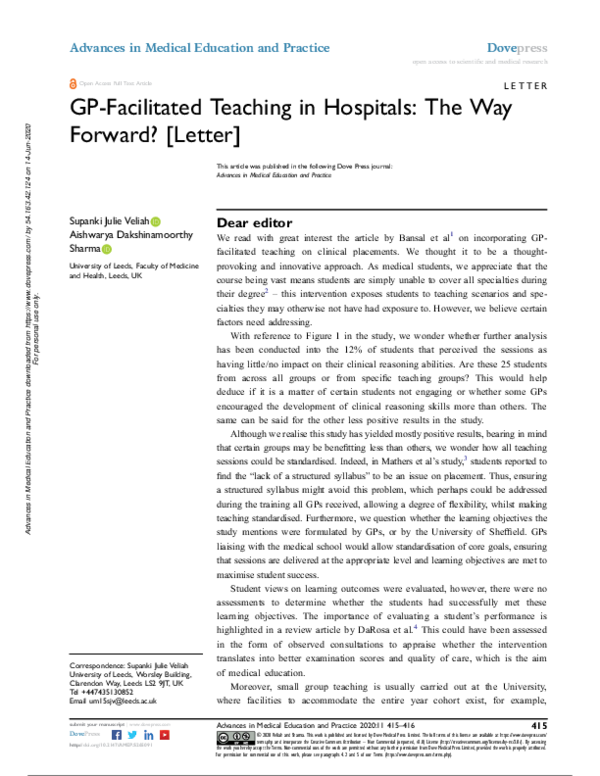(PDF) GP-Facilitated Teaching in Hospitals: The Way Forward? [Letter]