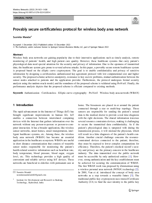 (PDF) Provably secure certificateless protocol for wireless body area network