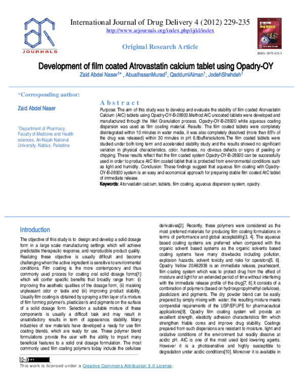 (PDF) Development of Film Coated Atrovastatin Calcium Tablet Using ...